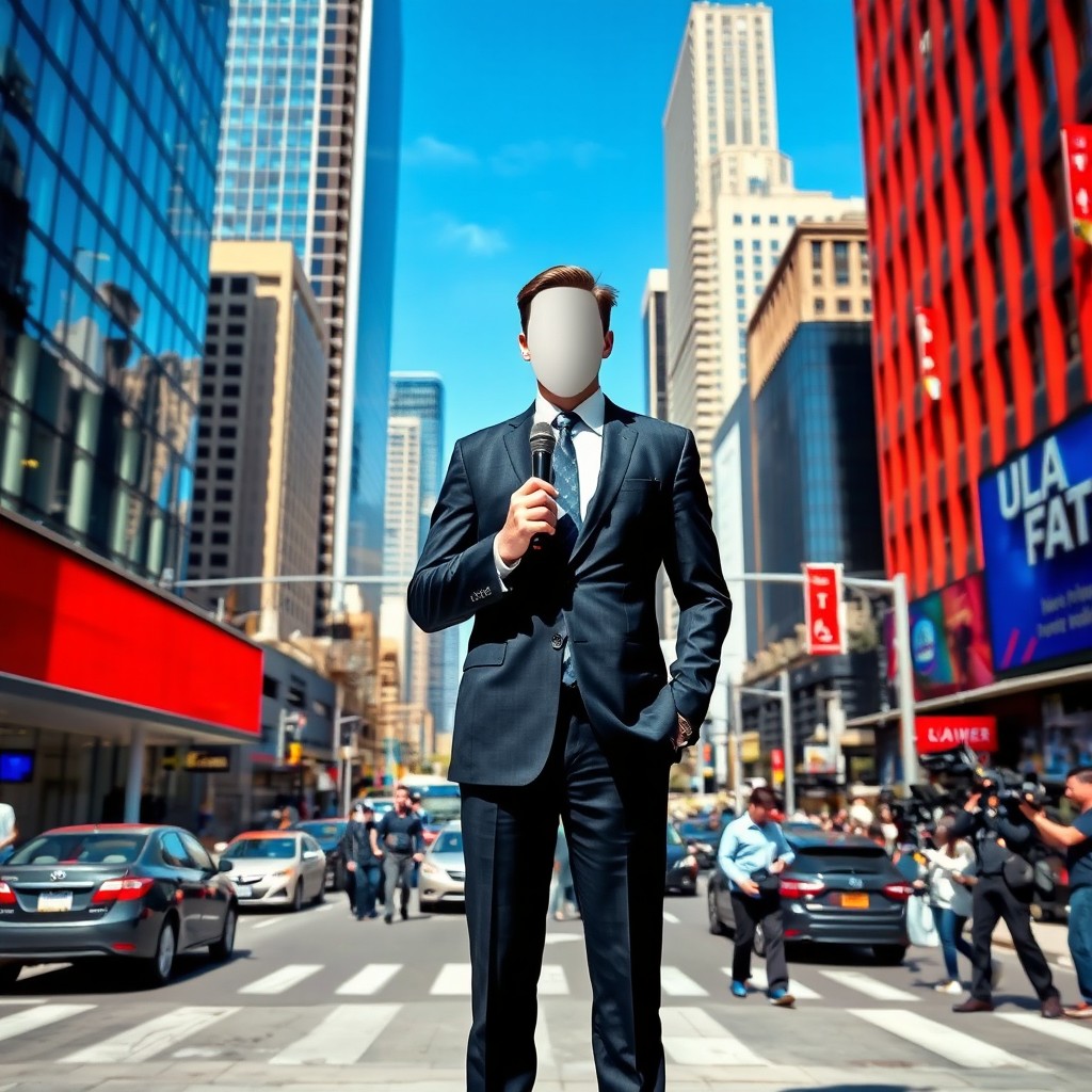 Faceless Male News Reporter: Modern and Pixel Art Representations