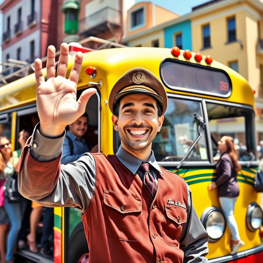 Cheerful Vintage Bus Conductor | A Joyful Day in the City